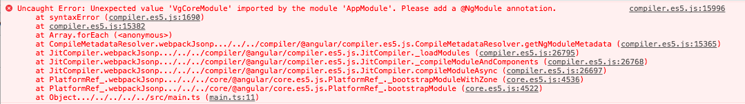 "Unexpected value 'VgCoreModule' imported by the module 'AppModule'" when setting up for local ...