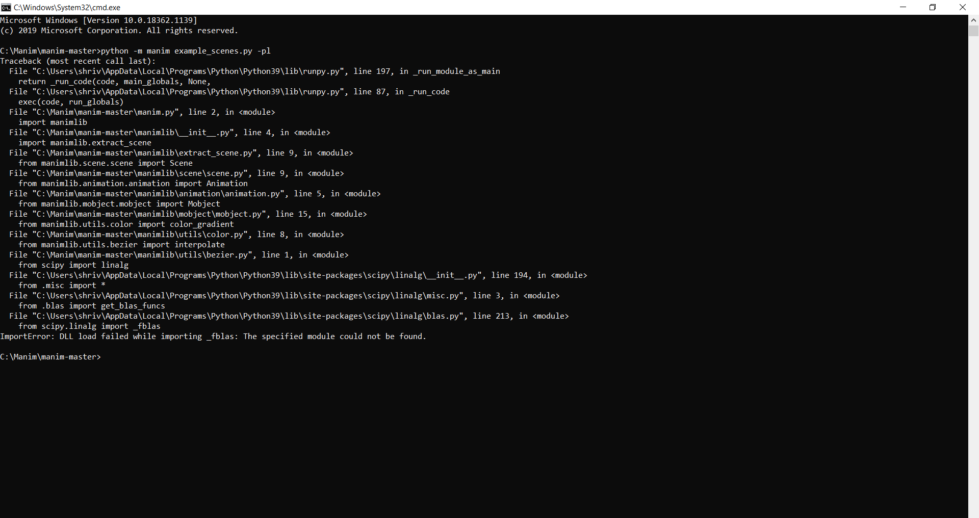 Error while running example_scenes.py SquareToCircle -pl · Issue #1258 · 3b1b/manim · GitHub