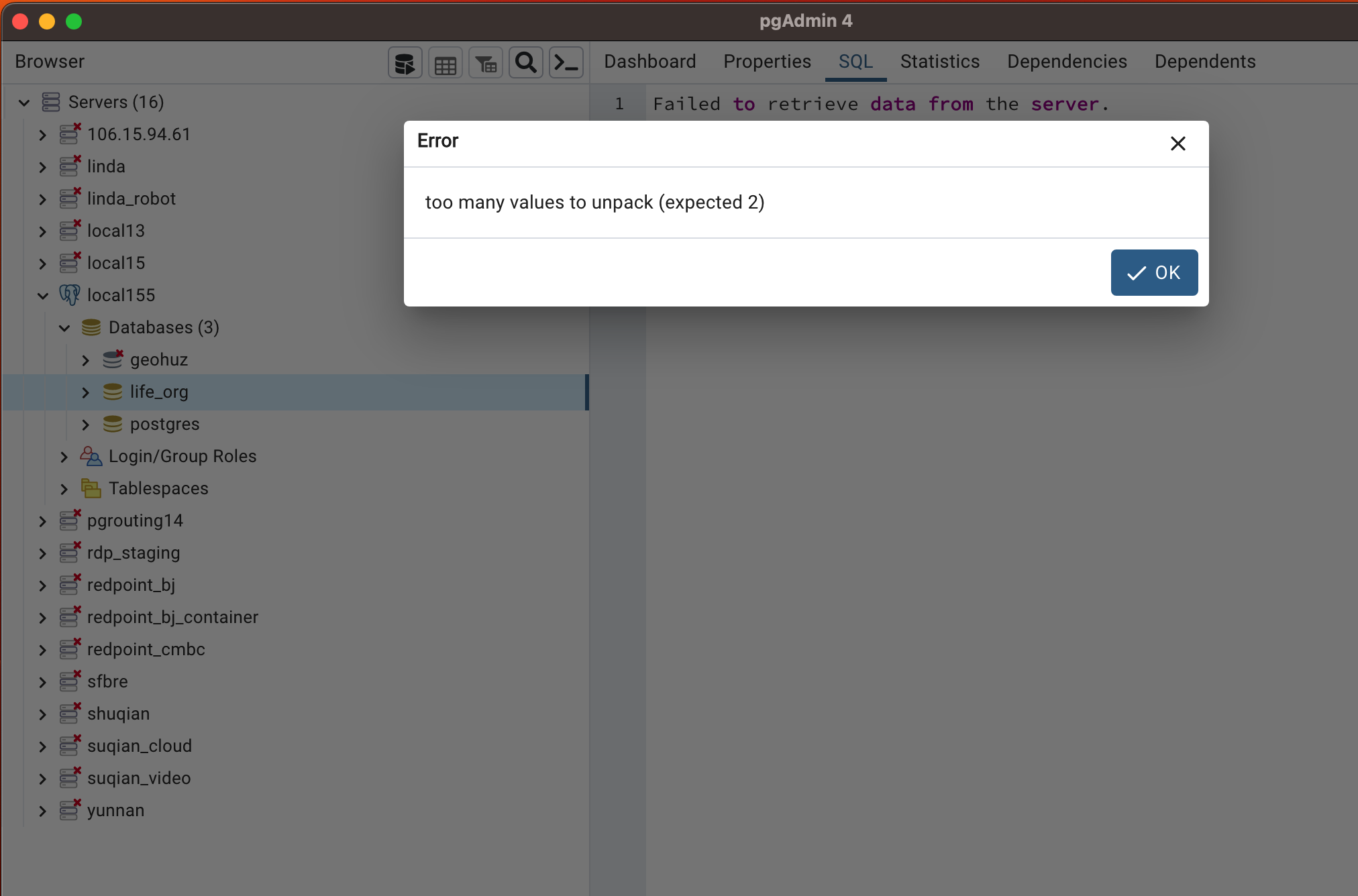 Get Too Many Values To Unpack Expected 2 Error When Click On Database · Issue 5684 · Pgadmin