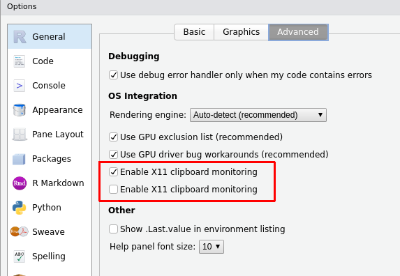 Duplicate option "Enable X11 clipboard monitoring" · Issue #10688 · rstudio/rstudio · GitHub
