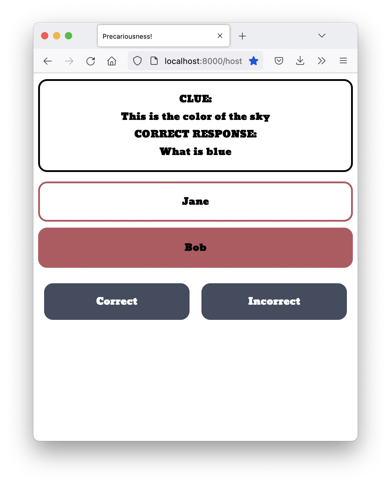GitHub - gardnerdickson/precariousness: A familiar Jackbox-like trivia game