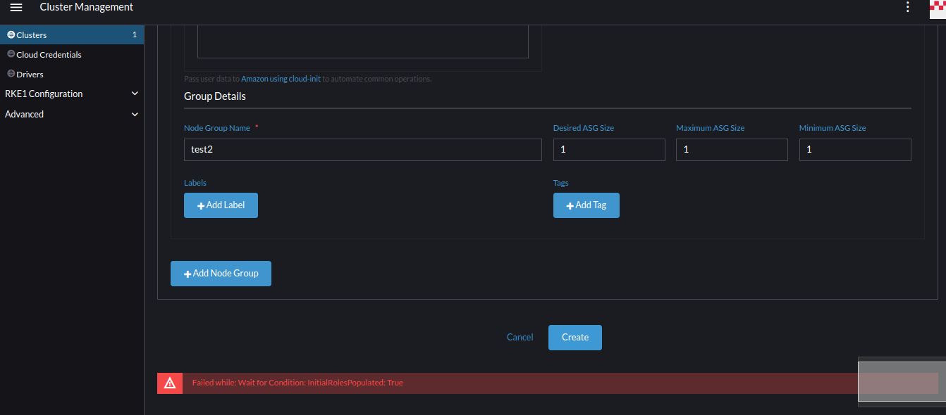 Error while creating EKS cluster from Rancher UI with untrusted certs - Failed while: Wait for ...