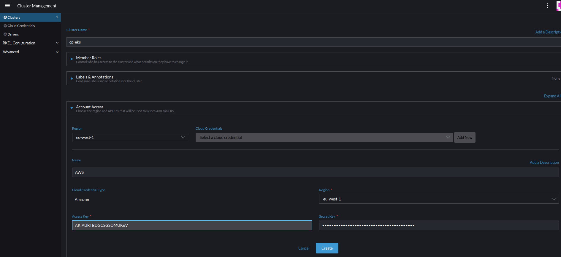 AWS Cloud credentials added on page while creating EKS cluster defaults to region - us-west-2 ...