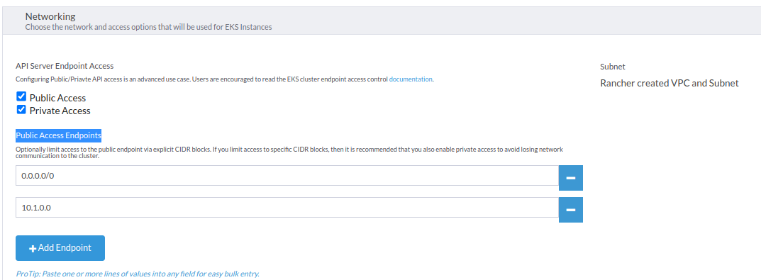 EKS: Need validation of CIDR format of Public Access Endpoints · Issue #9562 · rancher/dashboard ...