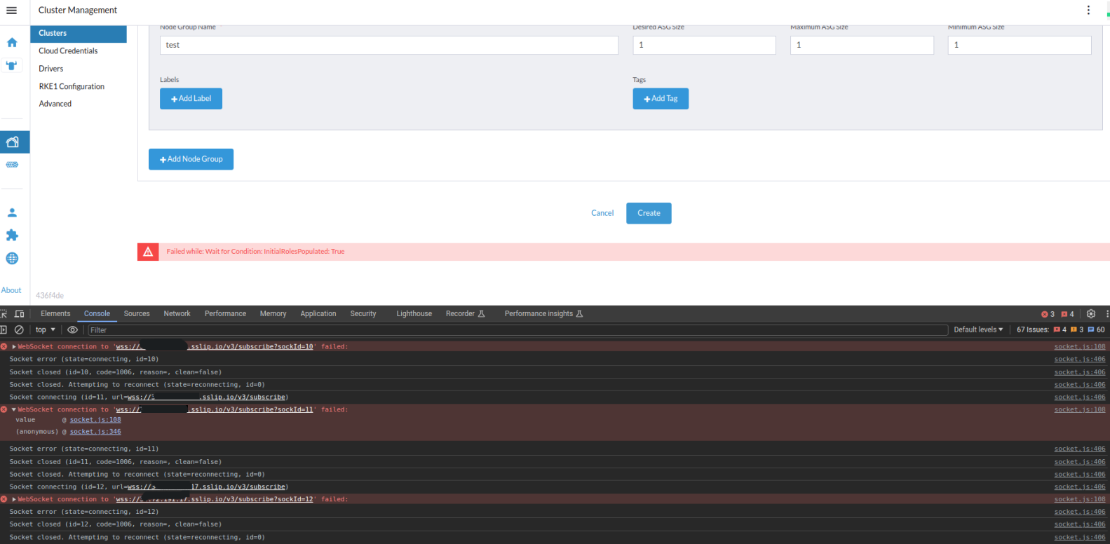 Error while creating EKS cluster from Rancher UI with untrusted certs - Failed while: Wait for ...