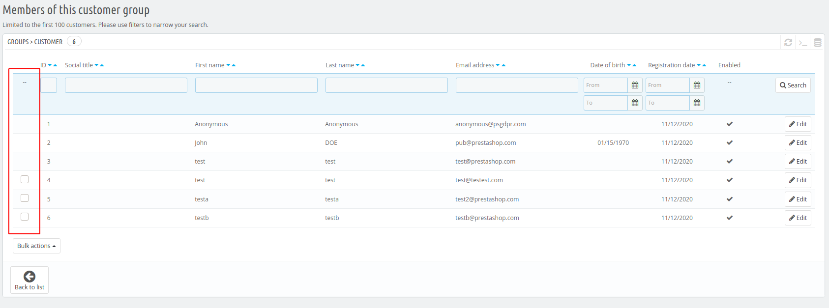 BO - Enable/disable members of a customer group isn't working and checkboxes for bulk actions ...