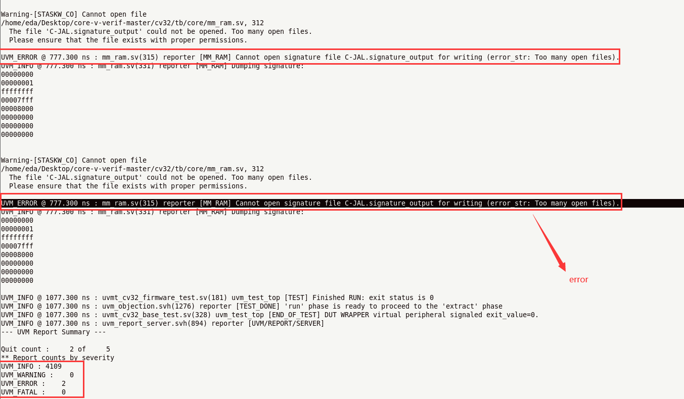 "UVM_ERROR @ 777.300 ns : mm_ram.sv(315) reporter [MM_RAM] Cannot open signature file C-JAL ...