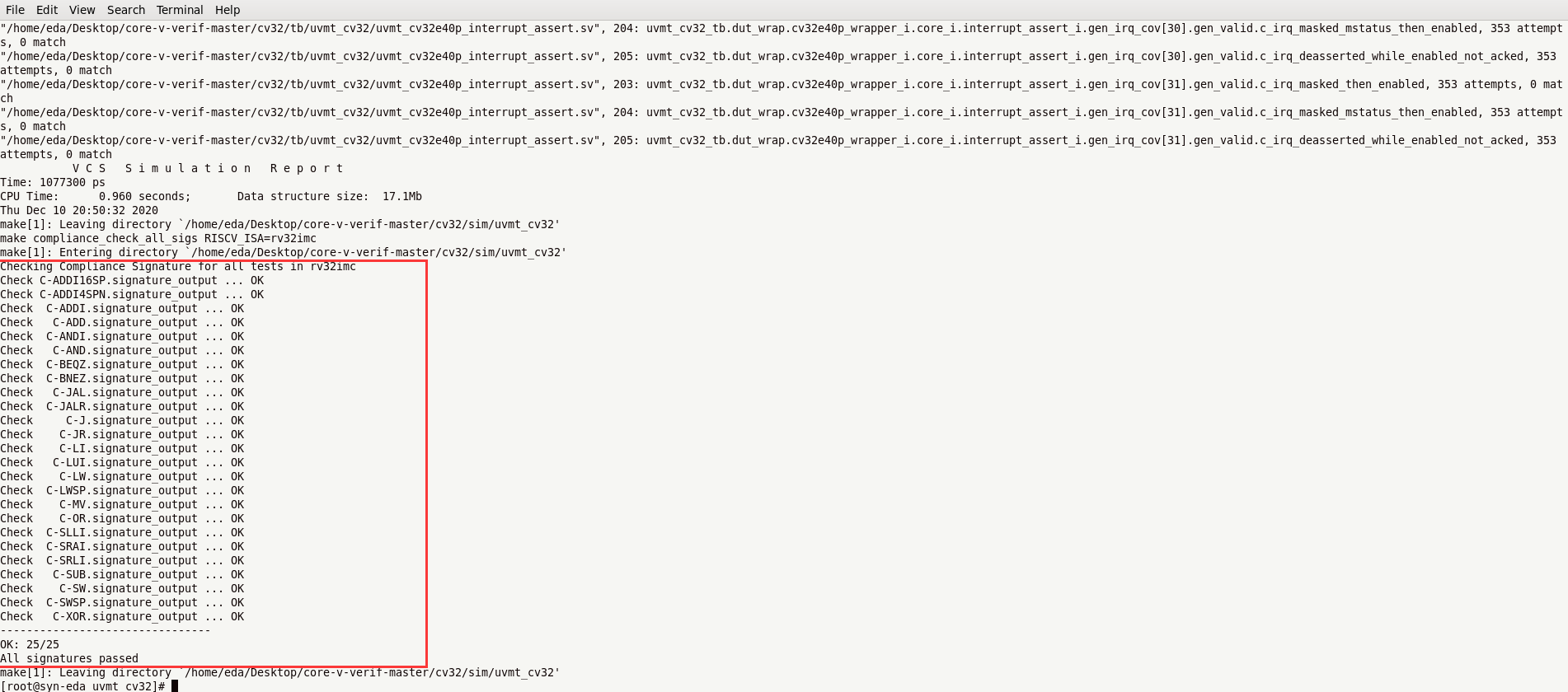 "UVM_ERROR @ 777.300 ns : mm_ram.sv(315) reporter [MM_RAM] Cannot open signature file C-JAL ...