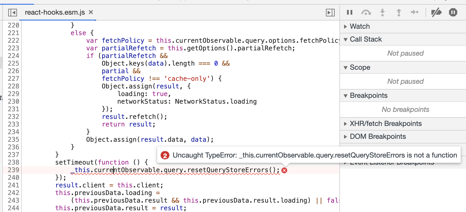 Uncaught Typeerror Thiscurrentobservablequeryresetquerystoreerrors