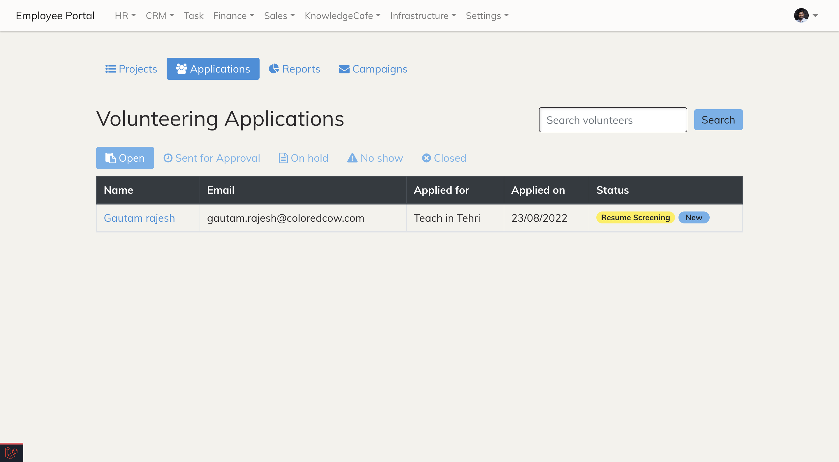 Add a functionality for the add new volunteer application · Issue #2500 · ColoredCow/portal · GitHub