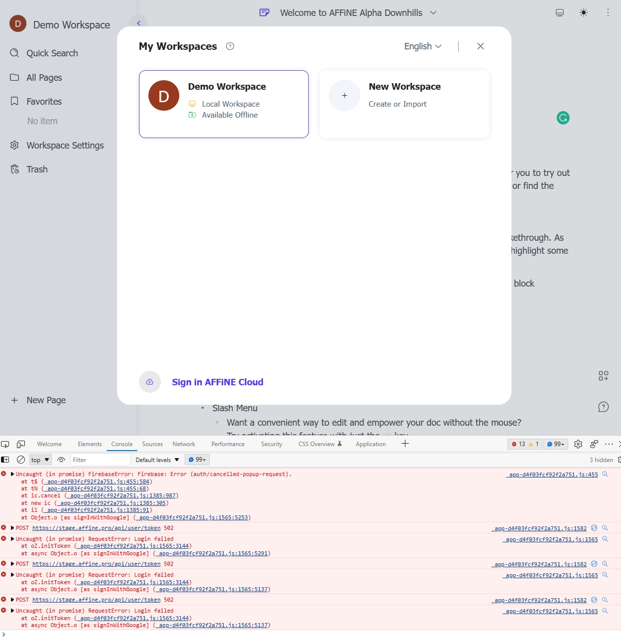 Unable to respond after signing in cloud · Issue #1479 · toeverything/AFFiNE · GitHub