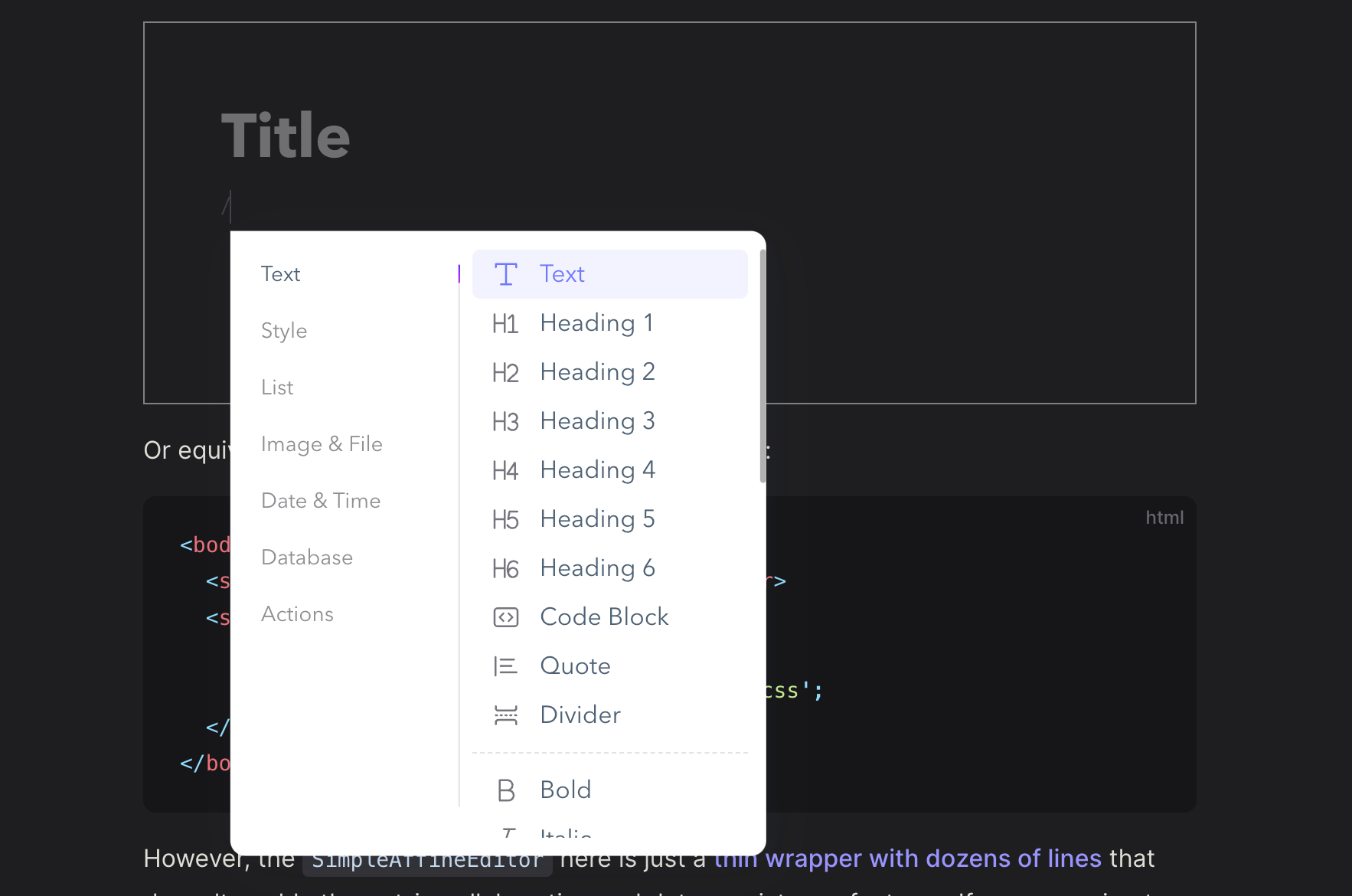 Slash menu doesn't support dark mode when embedded · Issue #1851 · toeverything/blocksuite · GitHub