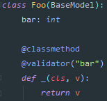 PyCharm complains about missing @classmethod for @validators, but validator is ignored when ...