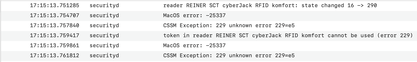 OpenSC-0.20 on macOs: securityd: token in reader REINER SCT cyberJack ...