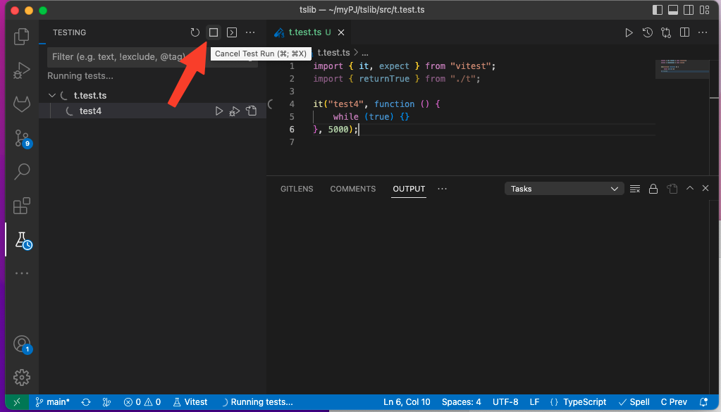 After canceling tests, the status bar icon still shows "Running tests ...