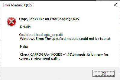 Windows on VMWare desktops show: 'Oops...could not load qgis_app.dll ...