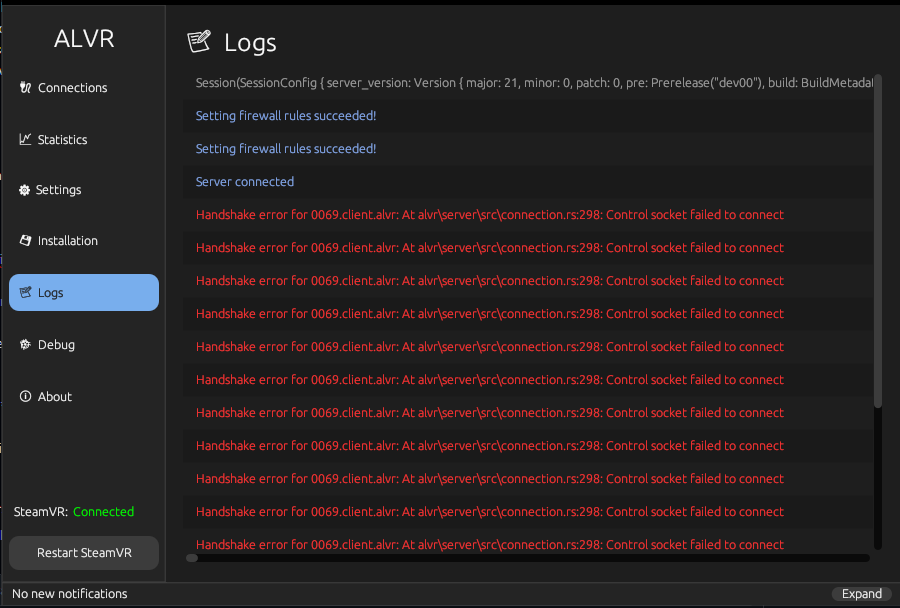 ALVR Handshake error for 0069.client.alvr: At alvr\\server\\src\\connection.rs:298: Control ...