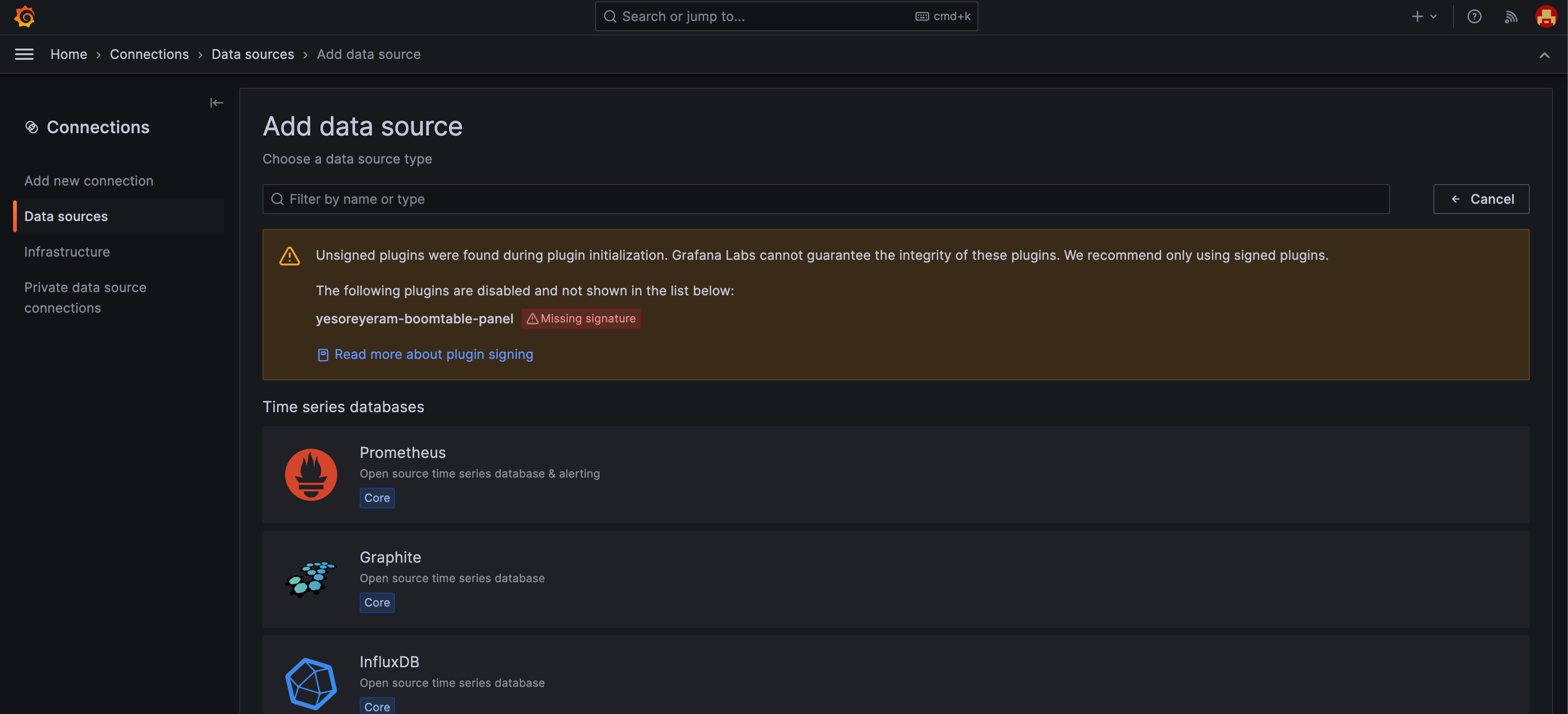 Bug New Datasource Page Shows Warning For All Plugin Types · Issue 72594 · Grafana Grafana