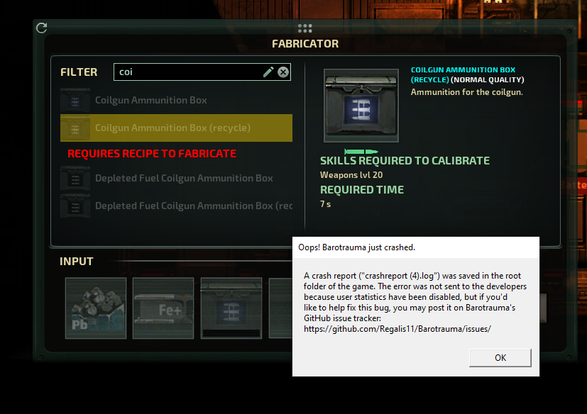crashes whenever using fabricator · Issue #9774 · FakeFishGames/Barotrauma · GitHub