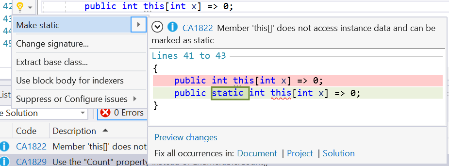 CA1822 - Indexers cannot be marked as static · Issue #4651 · dotnet/roslyn-analyzers · GitHub