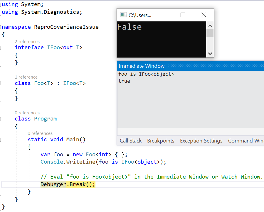 Expression evaluator output differs for `is` type check involving ...