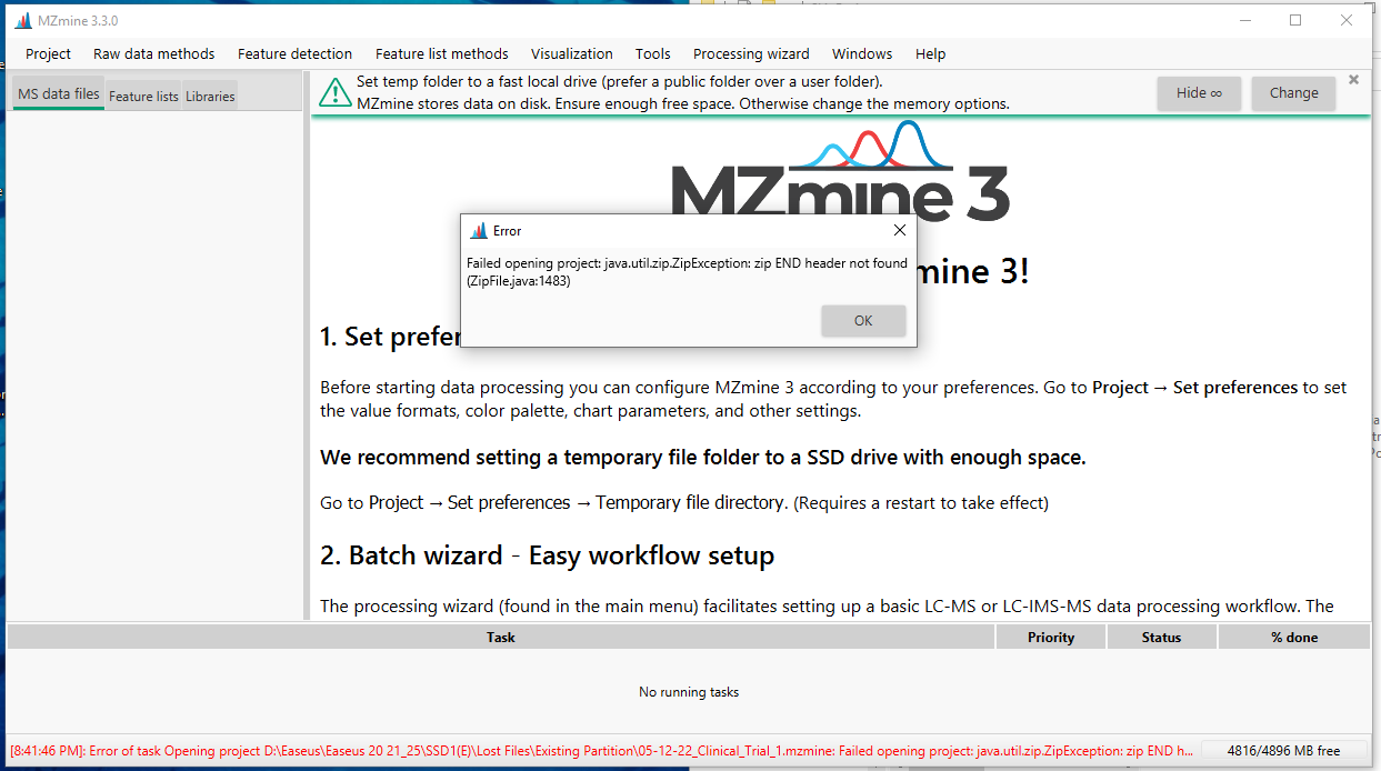 Error Message Failed Opening Project Javautilzipzipexception Zip End Header Not Found 