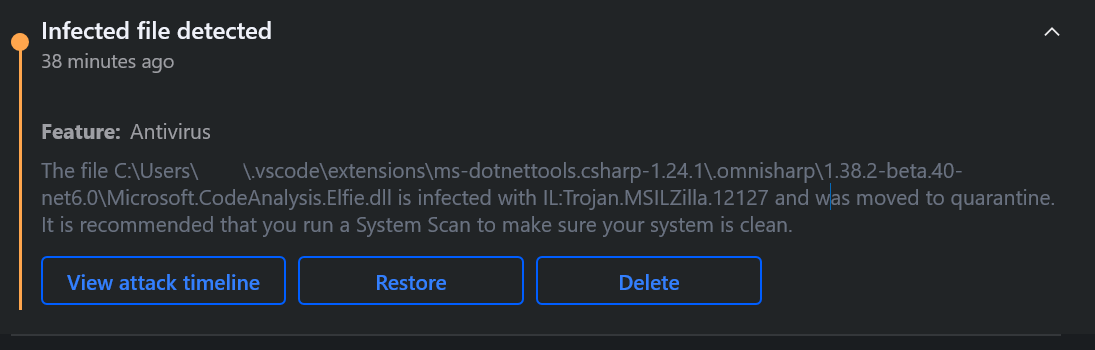 Microsoft.CodeAnalysis.Elfie.dll as part of .omnisharp folder of extension marked as infected ...
