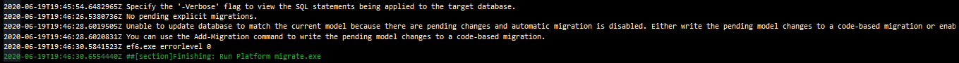 Running ef6 in an Azure DevOps task doesn't return error when stopped due to pending changes ...