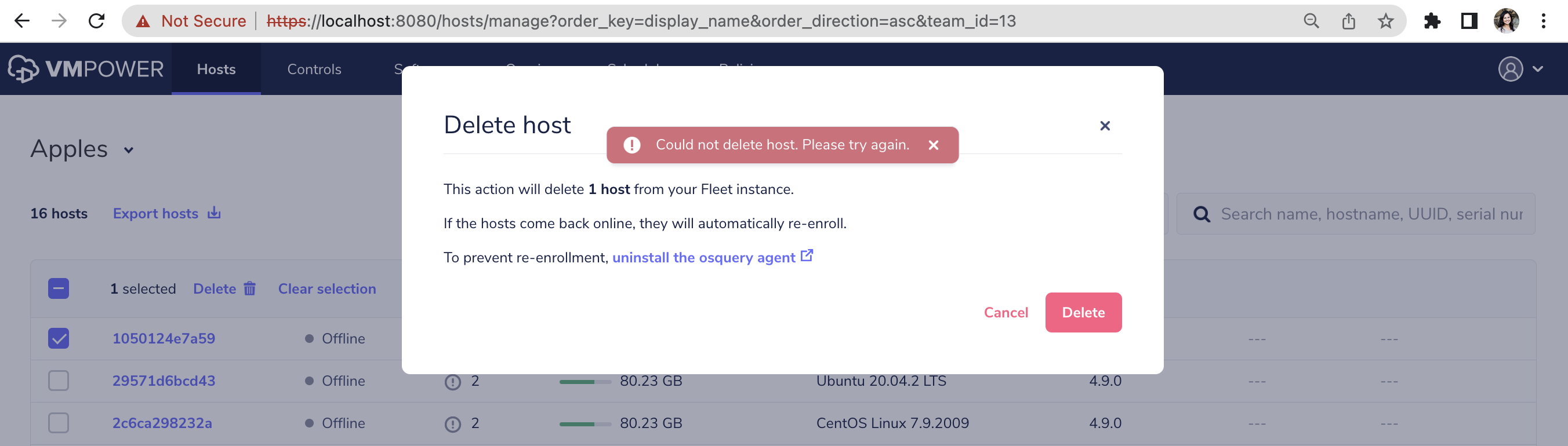 Manage hosts page shows restricted table UI where user is an observer on one team and maintainer ...