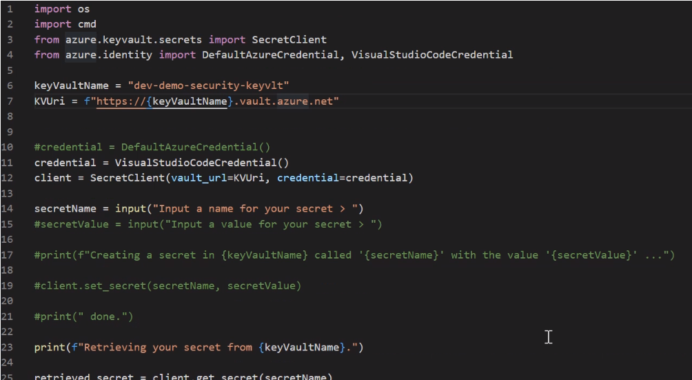 change the credential = DefaultAzureCredential() to credential = VisualStudioCodeCredential ...