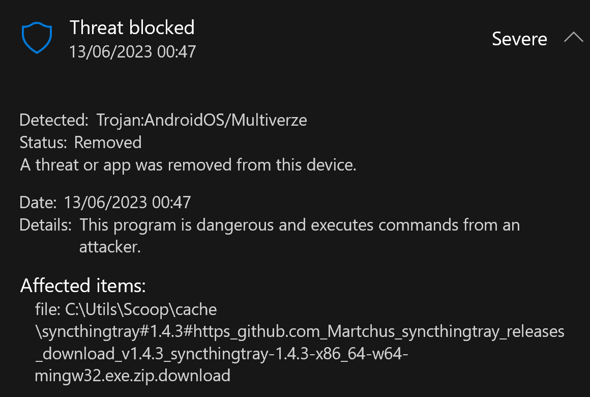 Window Defender detects trojan in syncthingtray-1.4.3-x86_64-w64-mingw32.exe.zip · Issue #189 ...