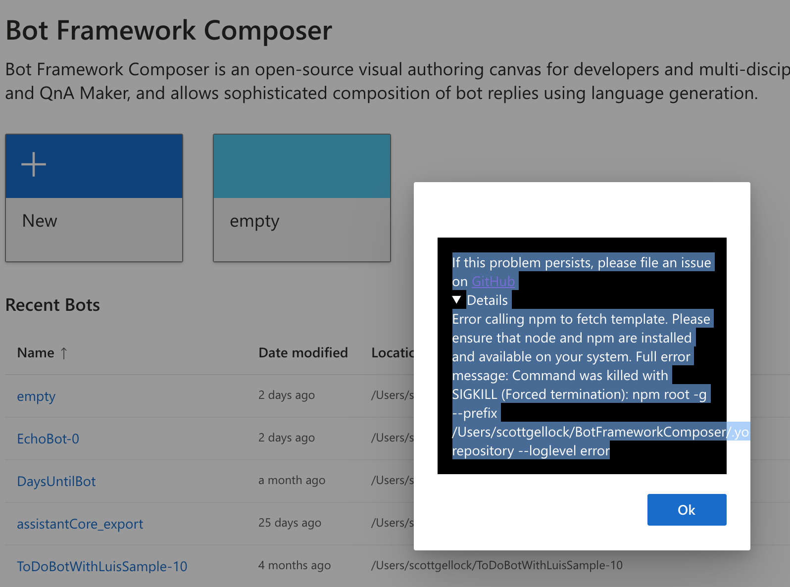 Error dialog clips error message text · Issue #6727 · microsoft/BotFramework-Composer · GitHub