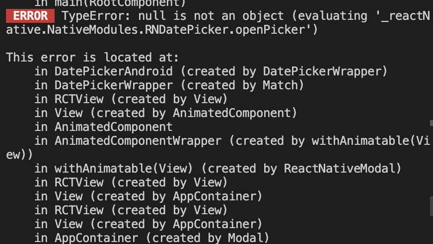 On button press, I receive the error: TypeError: null is not an object ...