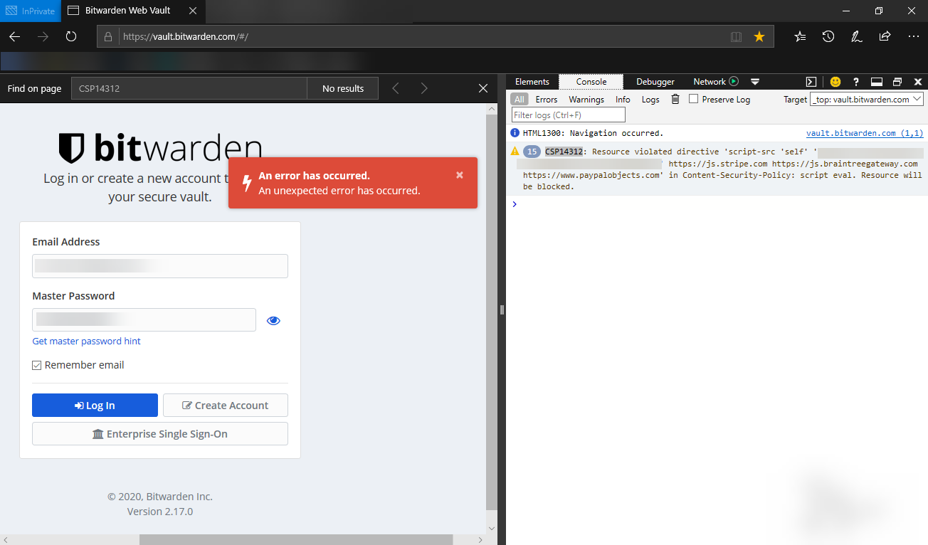 Receiving An unexpected error has occured when trying to log into the ...