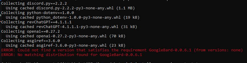Could not find a version that satisfies the requirement GoogleBard-0.0.6.1 · Issue #317 ...