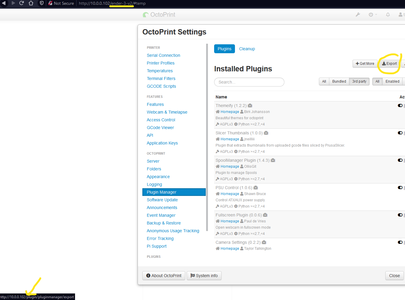 [1.7.0rc2] Incorrect URL for 'Export' button in Plugin Manager when OctoPrint is not served ...