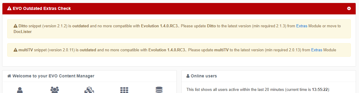 [enhancement] Outdated Extras Check · Issue #458 · evolution-cms/evolution · GitHub