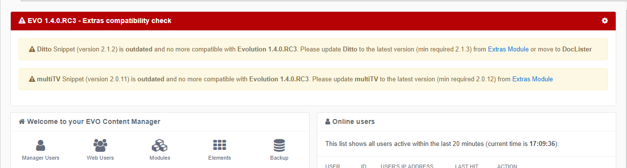 [enhancement] Outdated Extras Check · Issue #458 · evolution-cms/evolution · GitHub