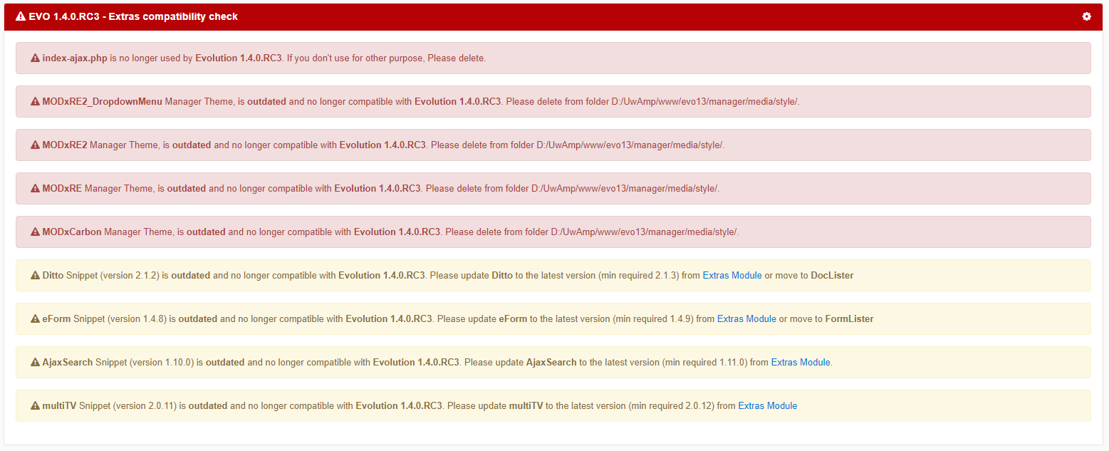 [enhancement] Outdated Extras Check · Issue #458 · evolution-cms/evolution · GitHub