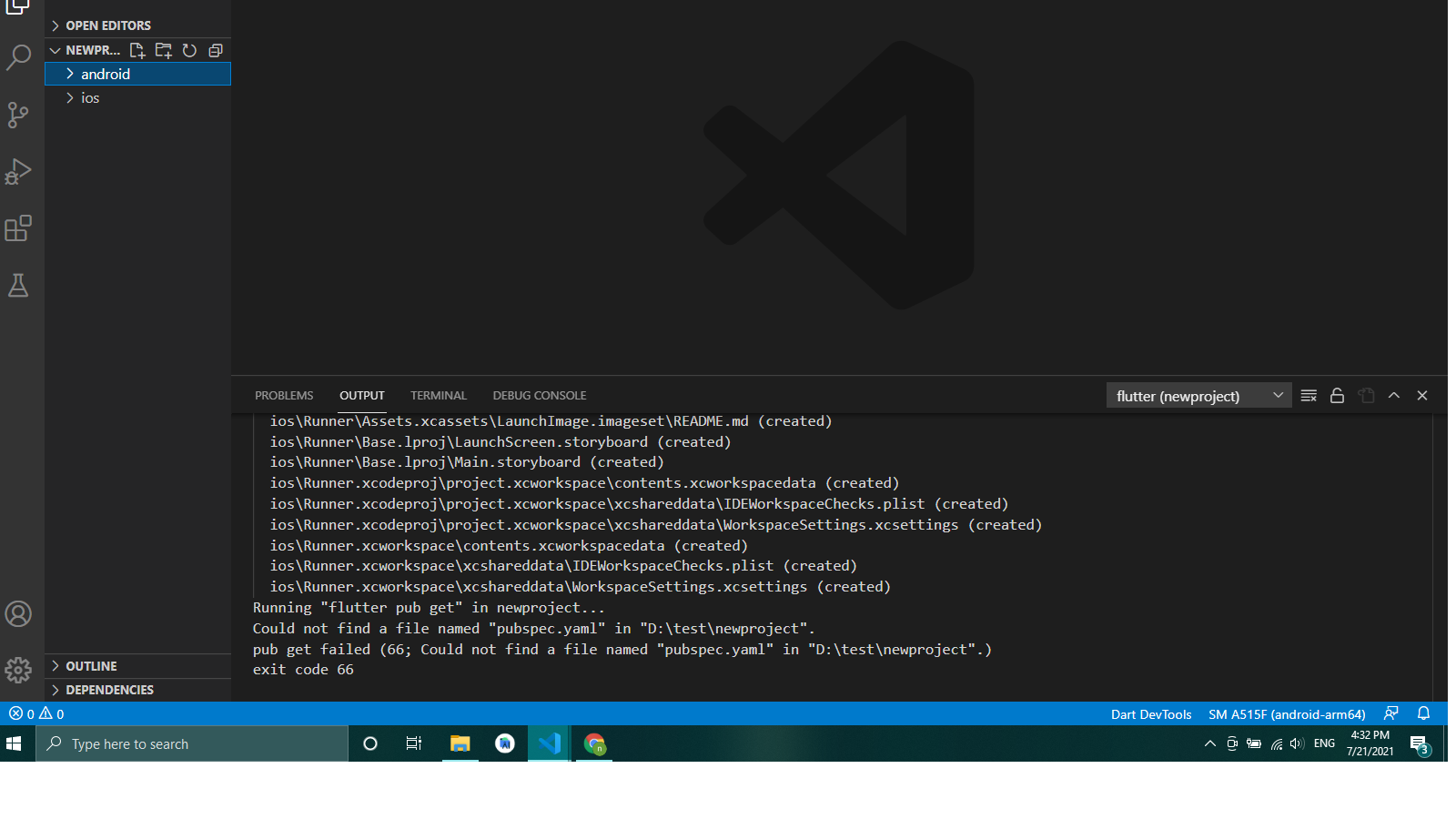 create new Flutter project error Could not find a file named "pubspec.yaml", pub get failed ...