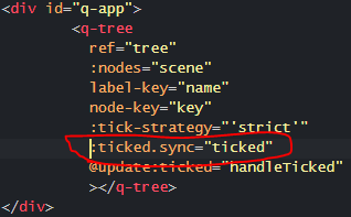 Q-Tree `getTickedNodes` method does not return correct array when calls from the `update:ticked ...