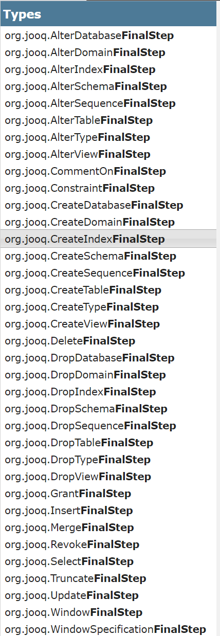 Deprecate XYZFinalStep types · Issue #11329 · jOOQ/jOOQ · GitHub Deprecate XYZFinalStep types · Issue #11329 · jOOQ/jOOQ · GitHub