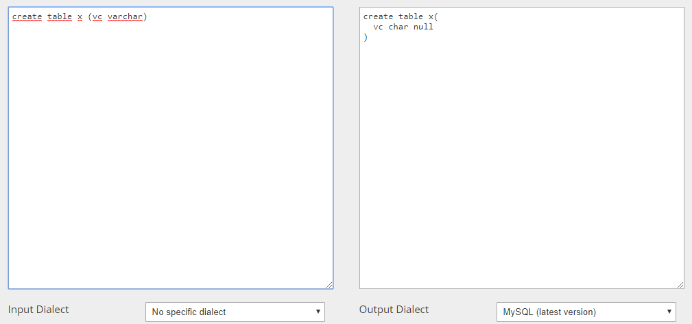 DDL statements on MySQL create CHAR column instead of VARCHAR column on unknown lengths · Issue ...