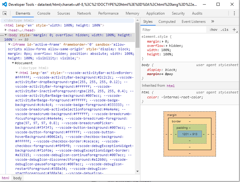 Devtools for Webview activeFrame does not show Elements · Issue #84544 · microsoft/vscode · GitHub