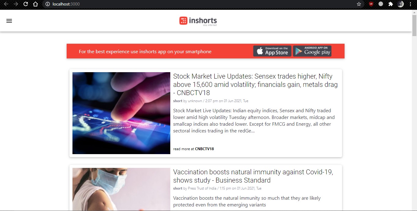 GitHub - arkaslittlemind/inshorts-clone: Inshorts clone using React Js.