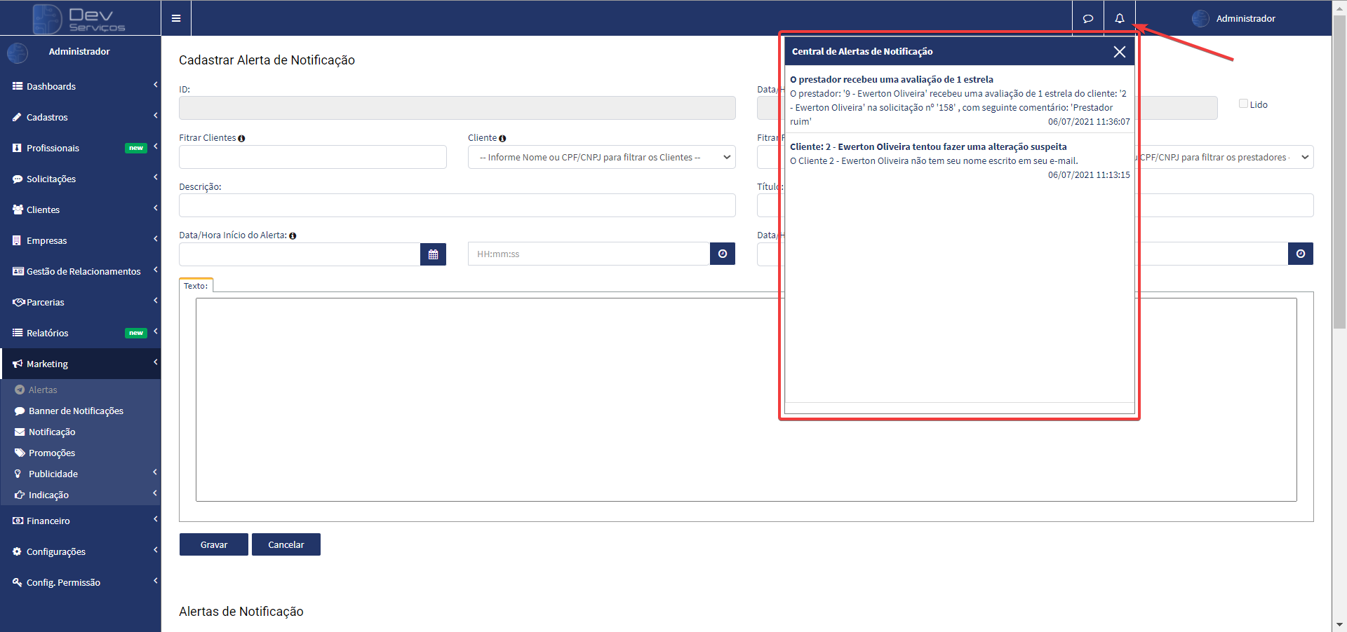 Central de Alertas e seus Tipos - devbasetecnologia/devservicos GitHub Wiki
