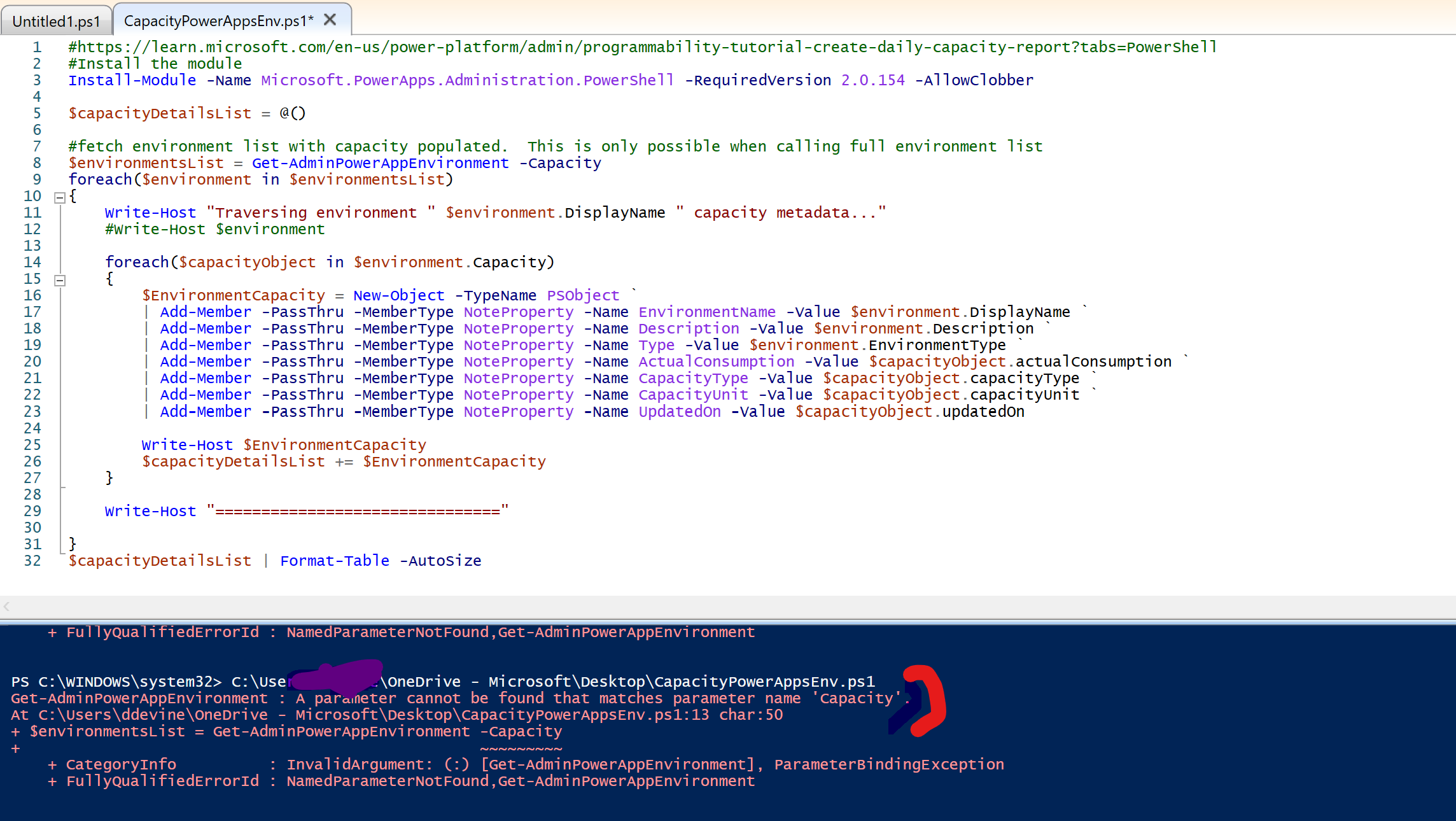 Get-AdminPowerAppEnvironment : A parameter cannot be found that matches parameter name 'Capacity ...