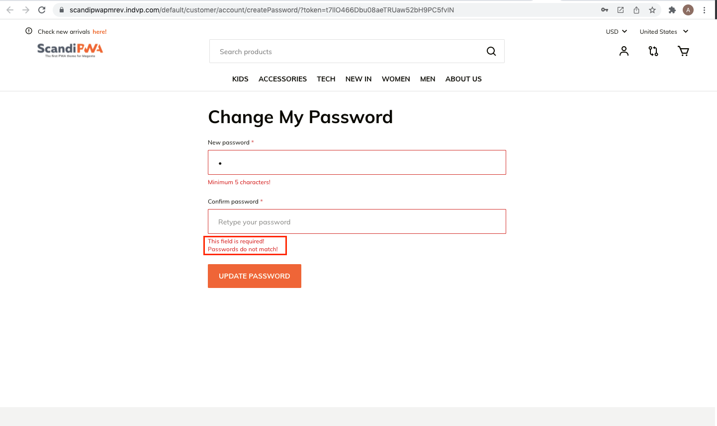 Two error messages appear below Confirm password field on reset ...