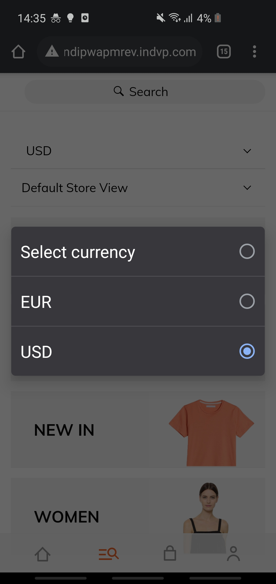 Mobile: 'Select currency' option is displayed in the currency dropdown ...