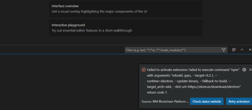 Failed to activate extension: Failed to execute command "npm" with ...